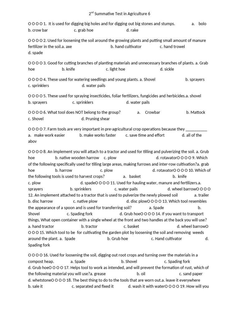Agriculture 6 Summative Test Guide | PDF | Plough | Riparian Zone