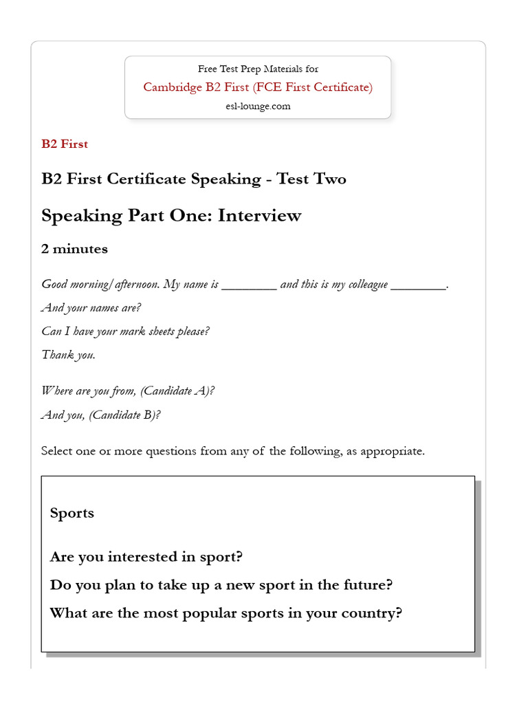 B2 First Speaking Test Sample Guide Pdf
