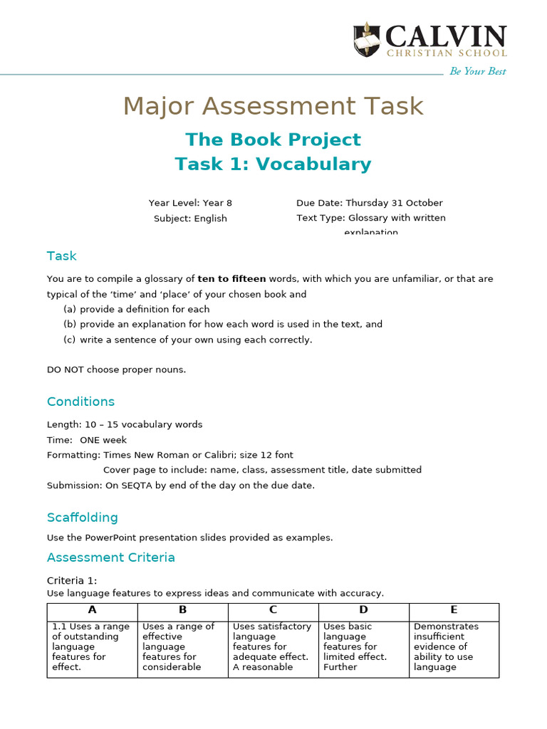 Book Project Task 1 - Vocabulary | PDF | Vocabulary | Accuracy And ...
