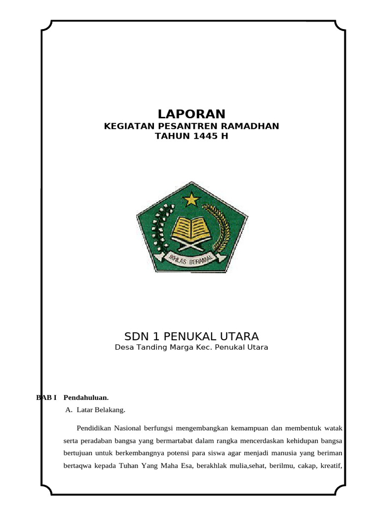 LAPORAN KEGIATAN PESANTREN RAMADHAN 2024 SDN 1 PU | PDF