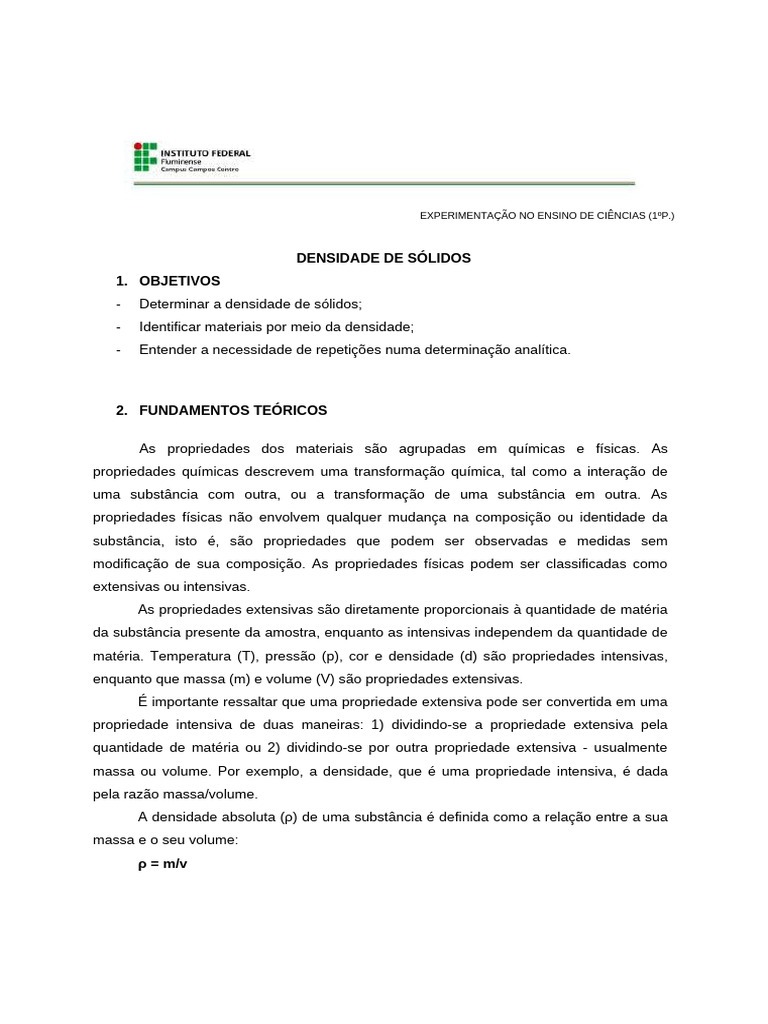Exemplo de Atividade DENSIDADE DE SÓLIDOS | PDF | Densidade | Matéria