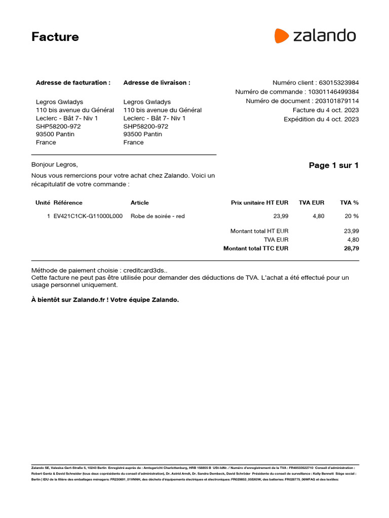 Facture Zalando - Commande 10301146499384 | PDF | Facture | Comptabilité