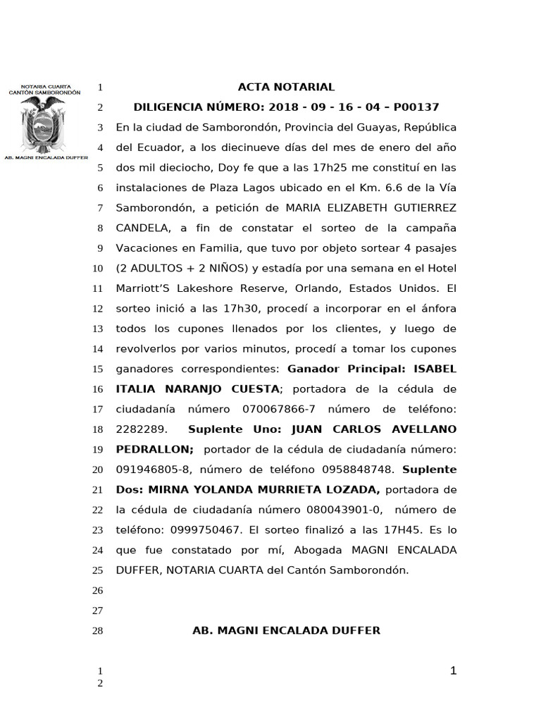Acta de Sorteo Plaza Lagos | PDF | Derecho