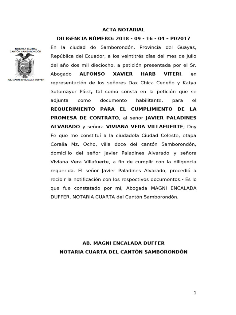 ACTA NOTARIAL Sr. Abogado ALFONSO XAVIER HARB VITERI, en Representación ...
