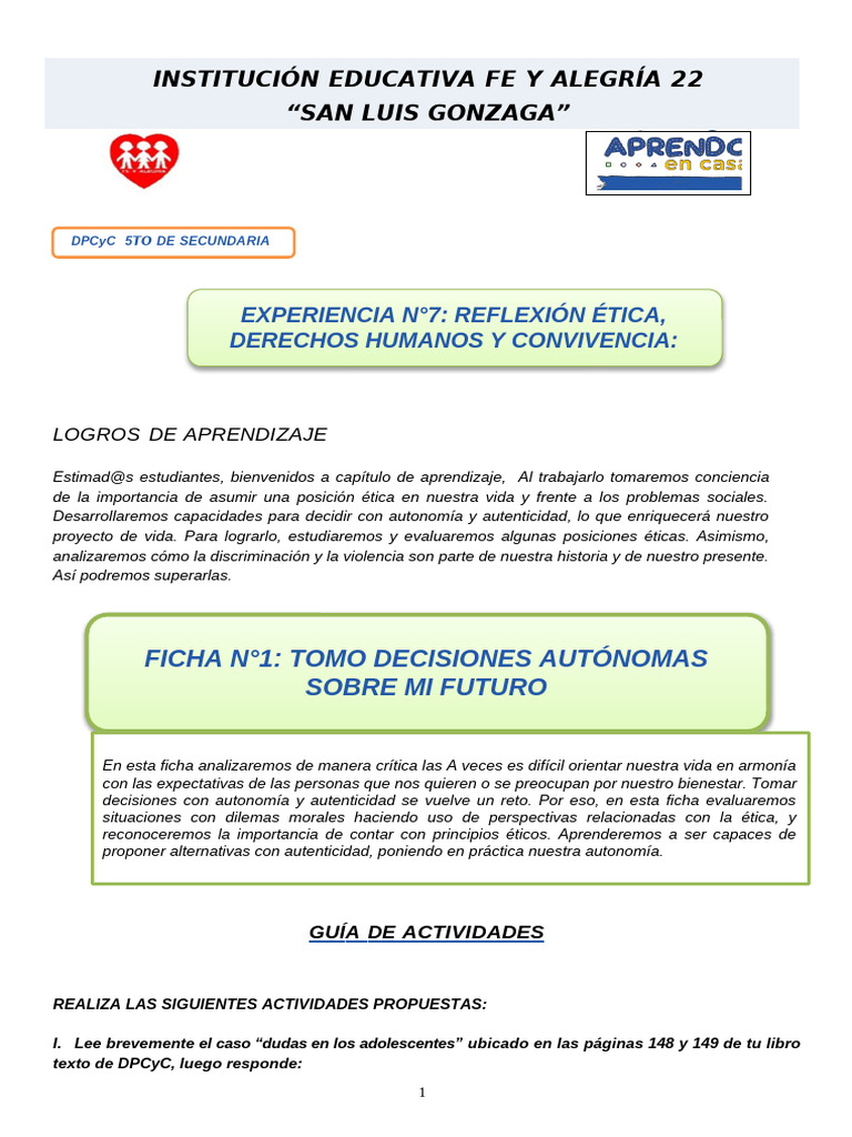 DPCC 5° Experiencia 7. Reflexión Ética. Ficha N°1 | PDF | Autonomía