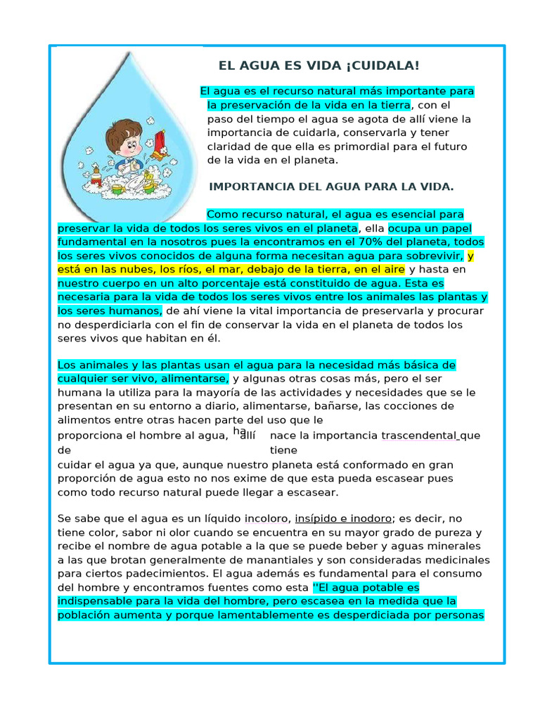 EL AGUA ES VIDA PARA SUBRAYAR-lectura | PDF | Agua | Vida