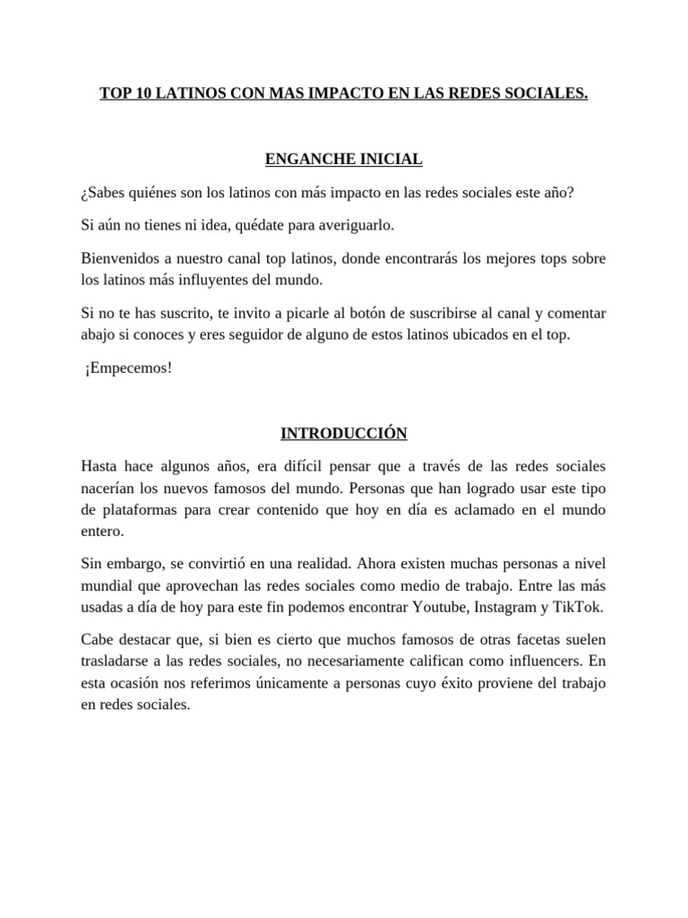 Top 10 Latinos Con Más Presencia en Redes Sociales | PDF | Redes sociales | Cultura popular y ...