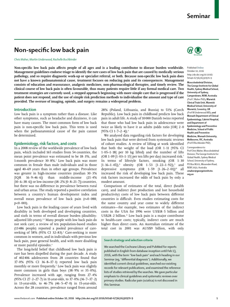 Non-Specific Low Back Pain Lancet | PDF | Low Back Pain | Back Pain