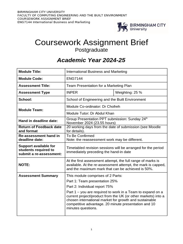 1.3 ENG7144 PG Assessment Brief Team Presentation 2024-5-1 | PDF | Plagiarism | Marketing Strategy