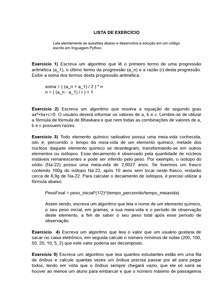 Lista de Exercícios Python Básico | PDF | Radioatividade | Algoritmos