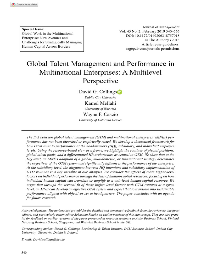 Global Talent Management and Performance in Multinational Enterprises A ...