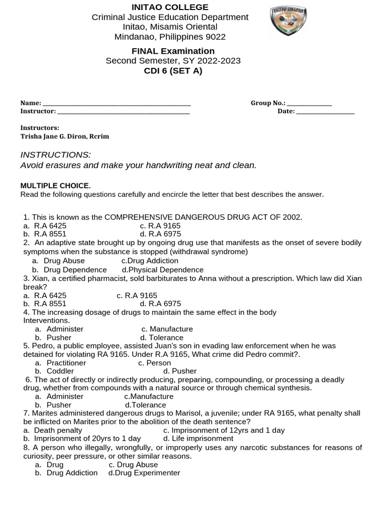 Final Exam Cdi 6 Set A | PDF | Stimulant | Methamphetamine