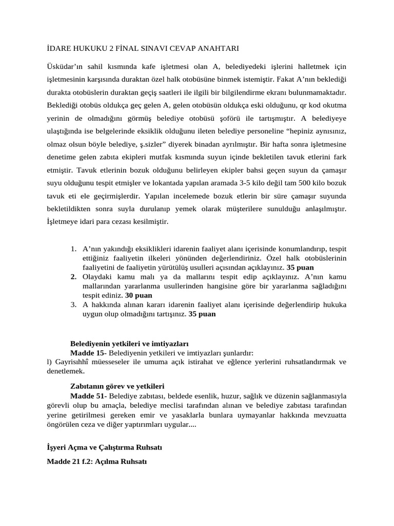 İdare Hukuku Final Cevap Anahtarı | PDF