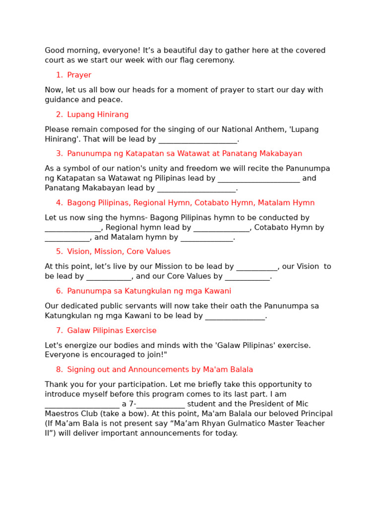 Script for Flag Raising Ceremony | PDF