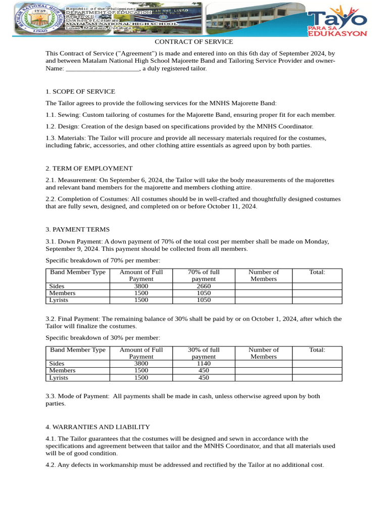 Tailoring Contract for MNHS Majorettes | PDF | Sewing | Clothing