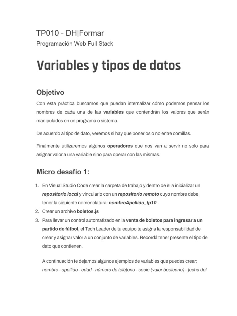 TP - 10 - Variables y Tipos de Datos | PDF | Variable (informática) | Archivo de computadora