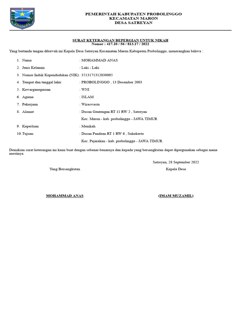 Surat Keterangan Bepergian Nikah Probolinggo | PDF