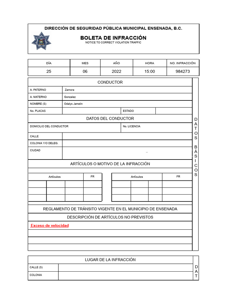 Boleta de Infracción de Tránsito Ensenada | PDF | Transporte
