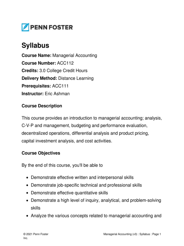 ACC 112 Managerial Accounting Syllabus | PDF | Management Accounting ...