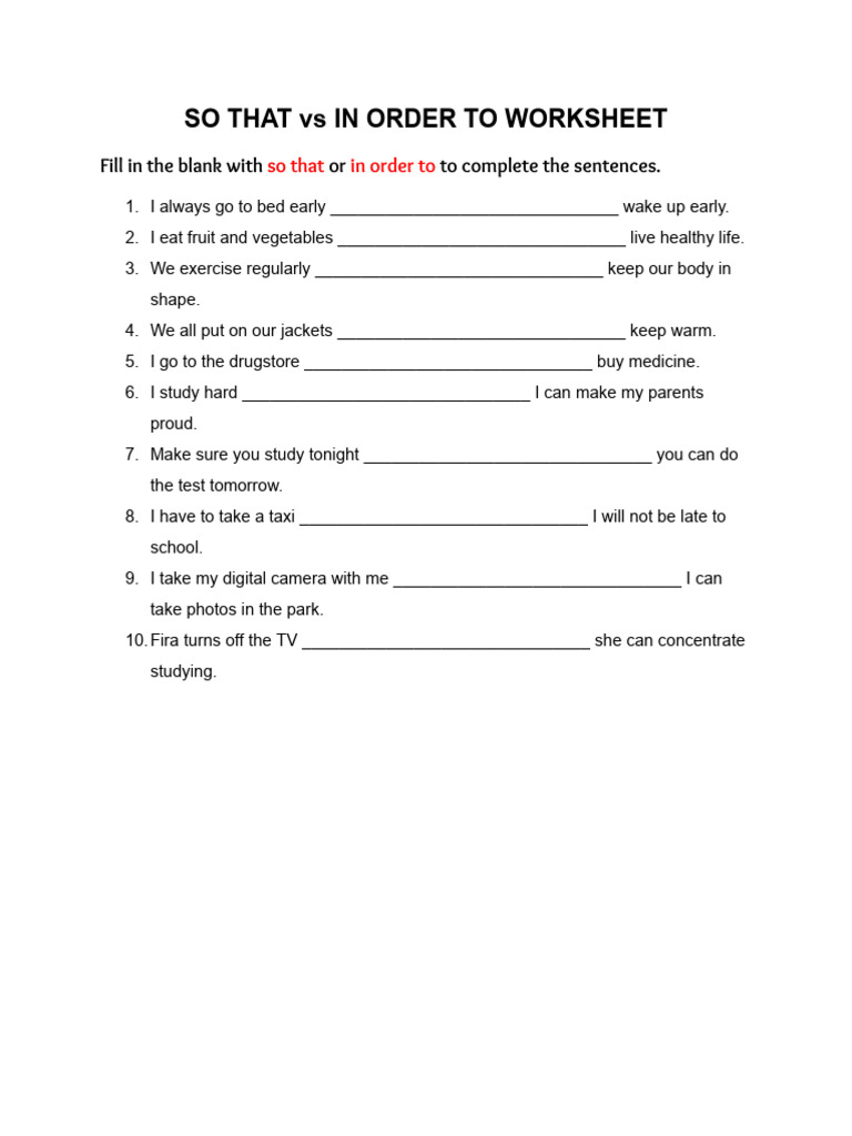 SO THAT Vs IN ORDER TO WORKSHEET | PDF