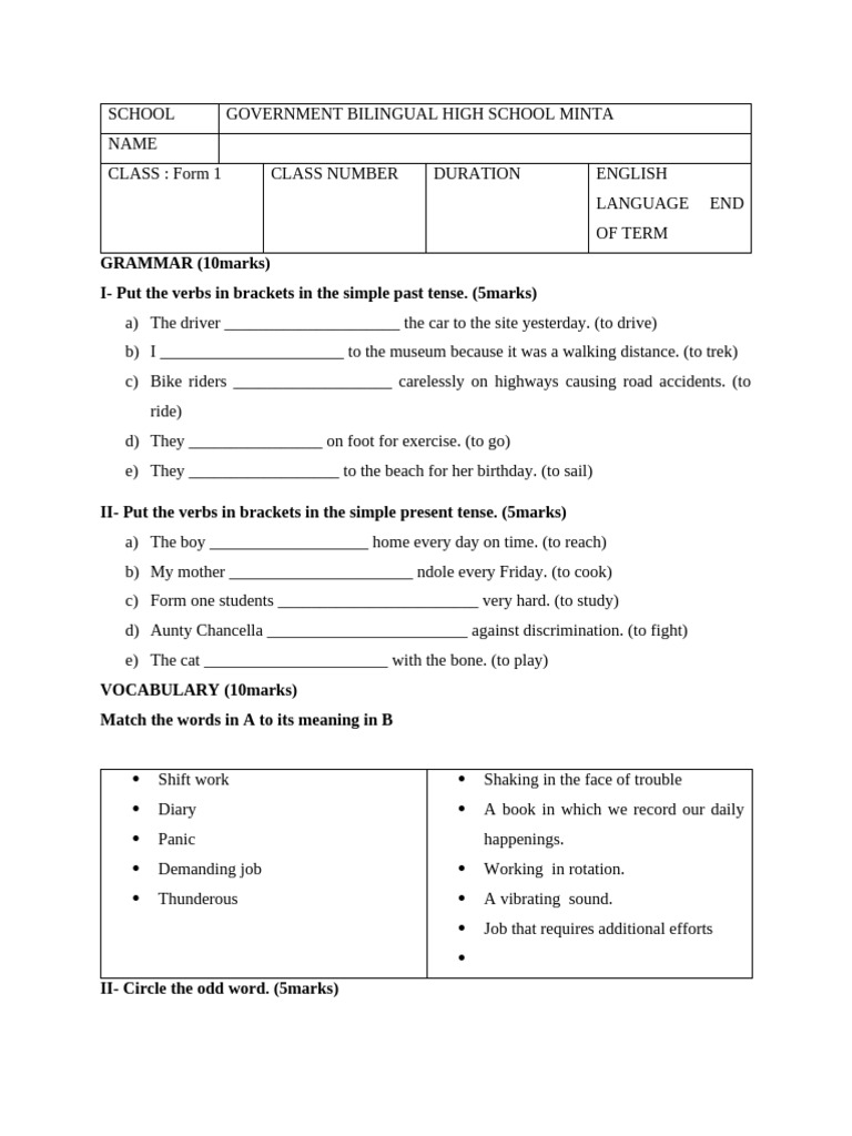 Form 1 English Grammar & Writing Test | PDF | Linguistics | Grammar