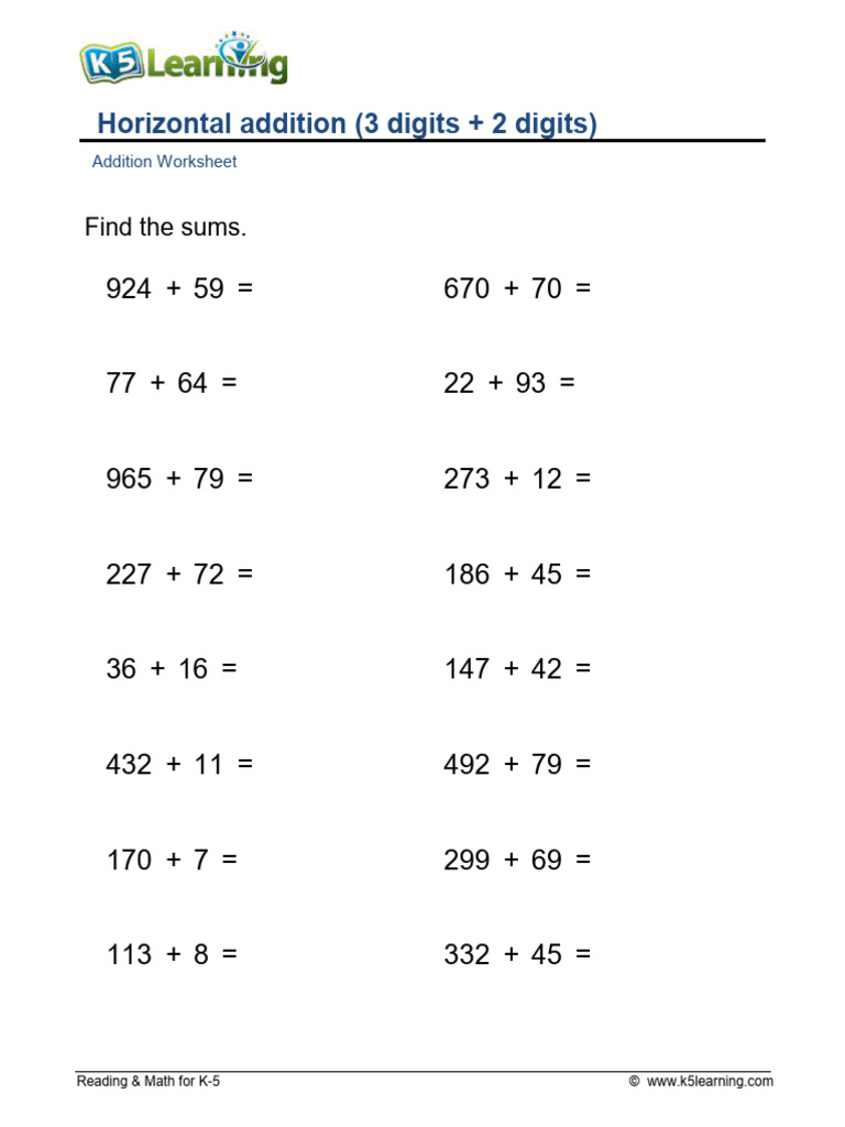 Addition Horizontal 3 Digits 2 Digits A | PDF