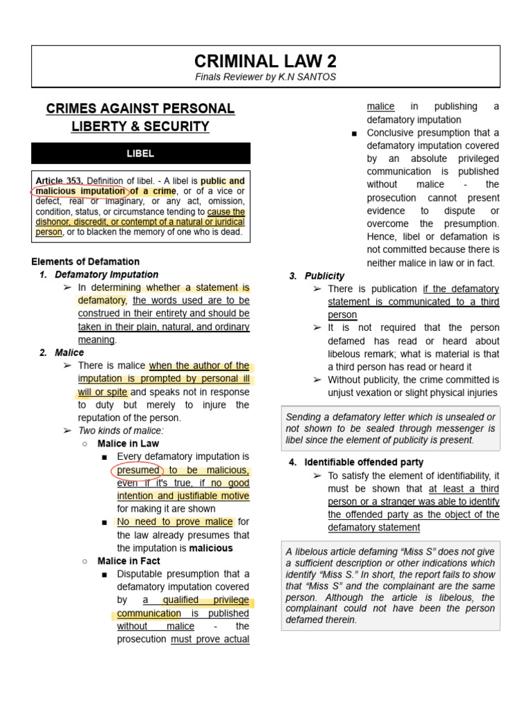 Crim 2 (Part 3 - Honor) | PDF | Defamation | Justice