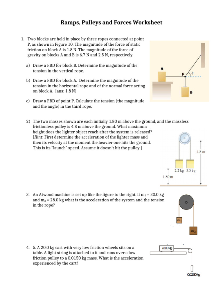 Ramps and Pulleys Worksheet | PDF | Tension (Physics) | Force