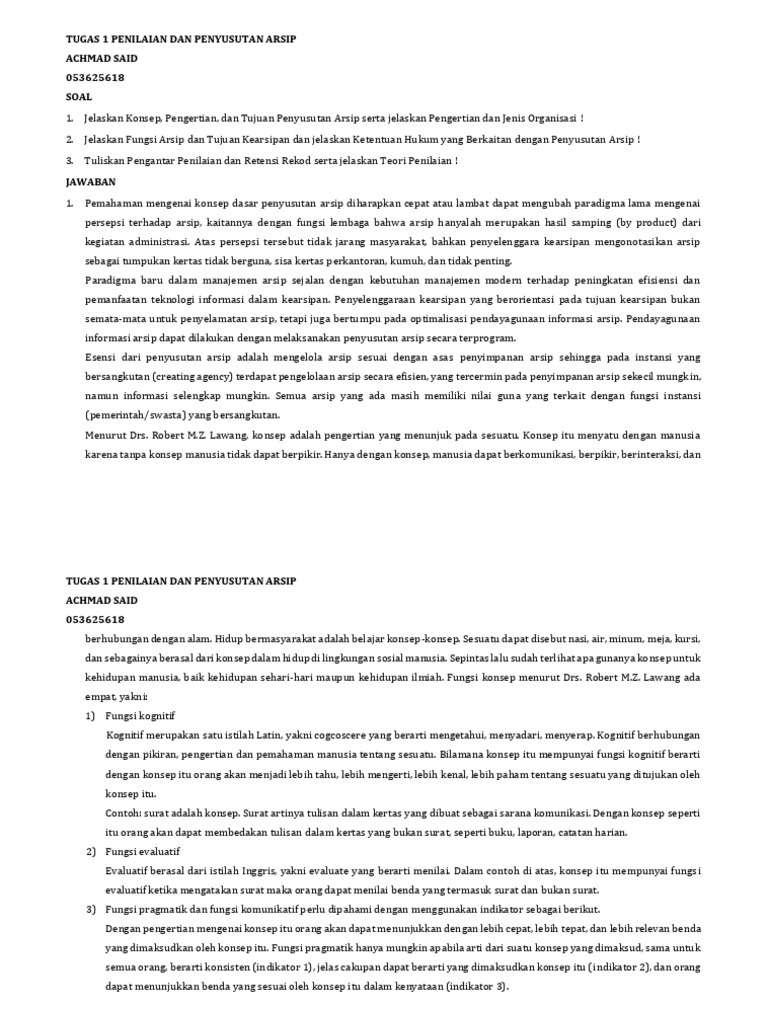 Tugas 1 Penyusutan Dan Penilaian Arsip Achmad Said 053625618 | PDF