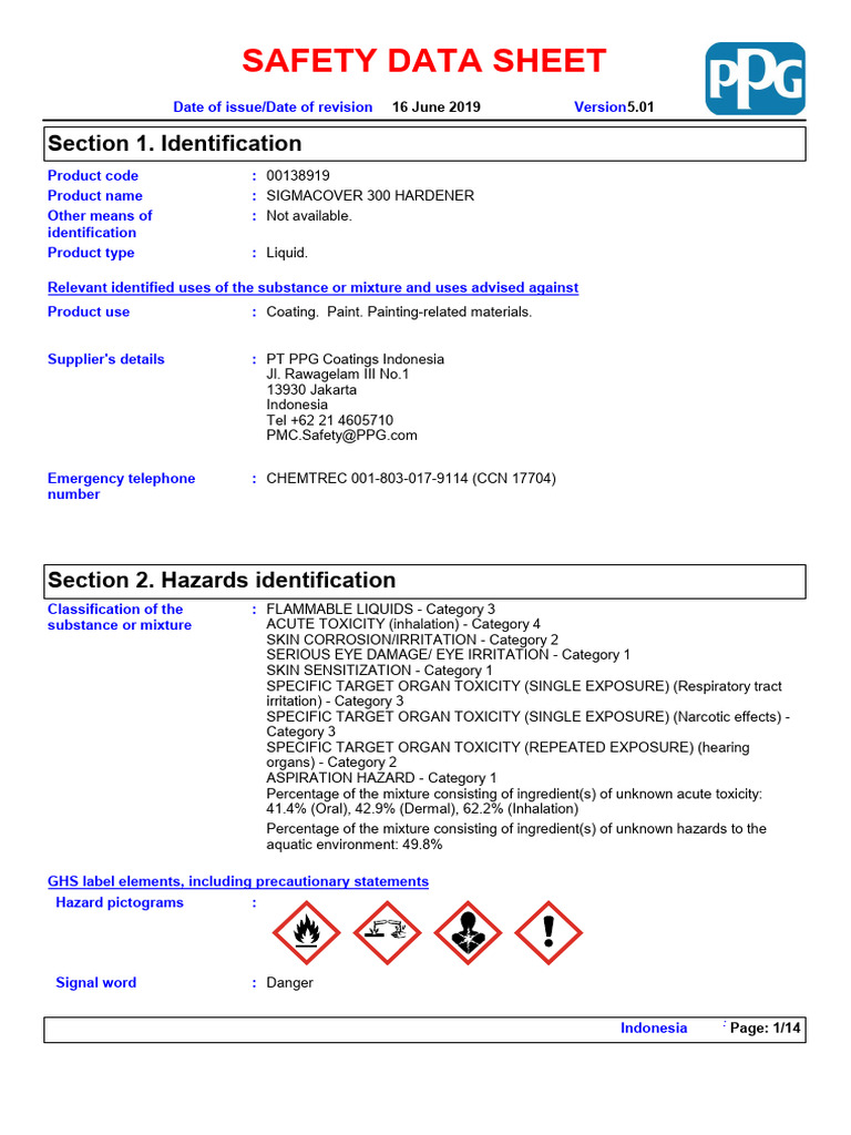 SDS Sigmacover 300 Hardener | PDF | Toxicity | Chemical Reactions