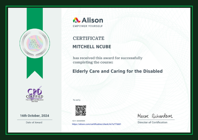 Alison Certificate Elderly Care and Caring for the Disabled | PDF