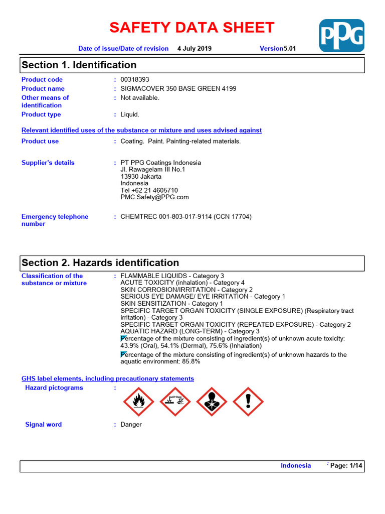 SDS Sigmacover 350 Green 4199 | PDF | Chemistry