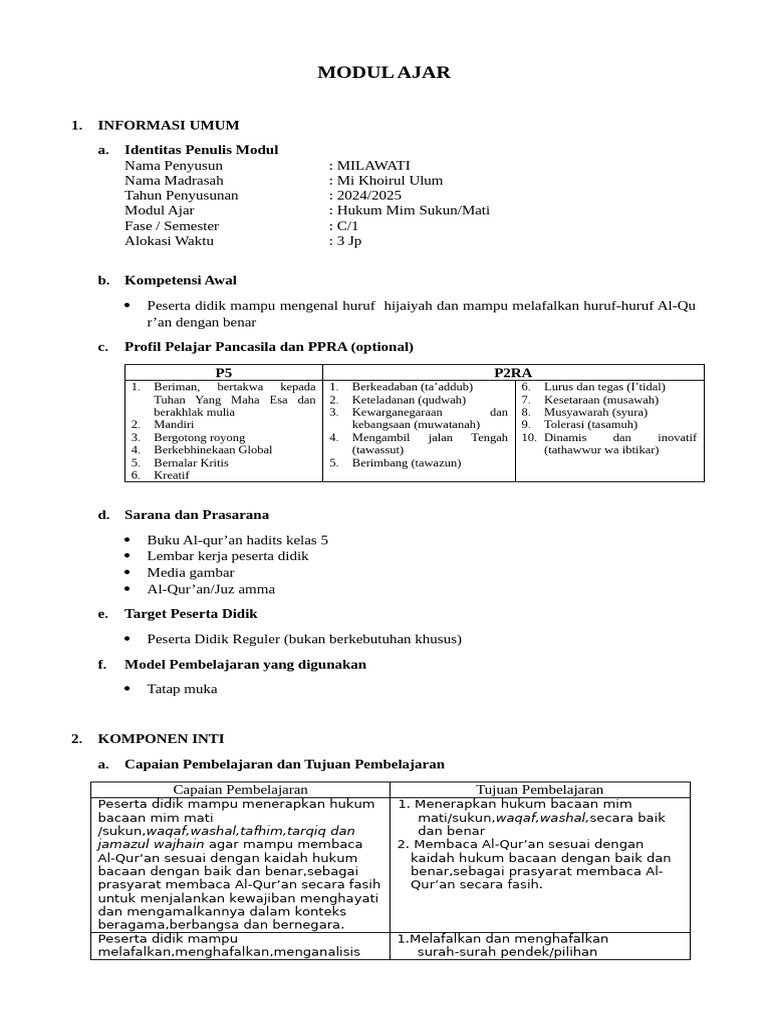 Modul Ajar Hukum Mim Sukun 2024 | PDF
