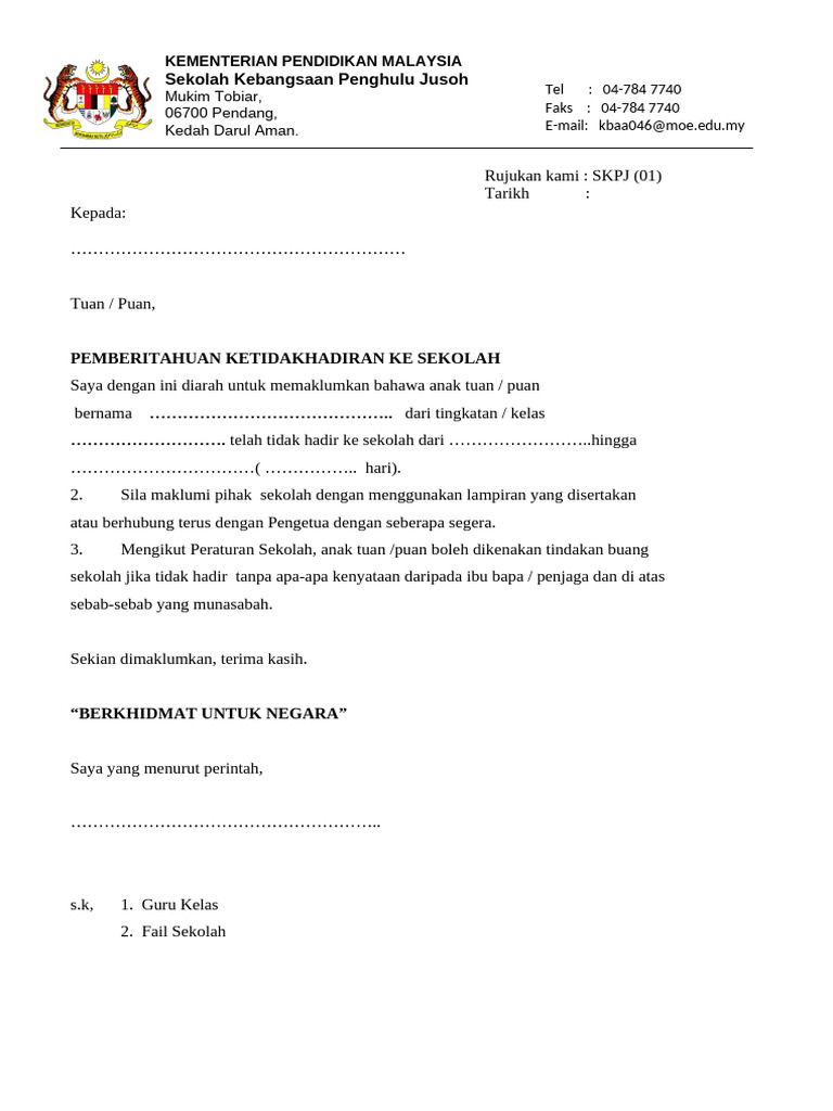 Surat Pemberitahuan Murid Ponteng | PDF