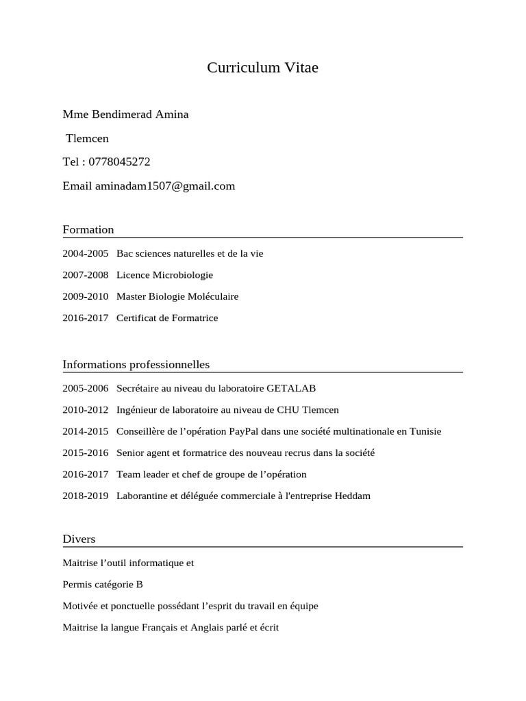 CV de Mme Amina Bendimerad | PDF