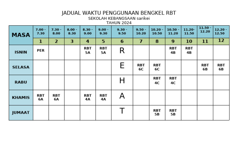 Jadual Penggunaan Bengkel RBT 2024 | PDF