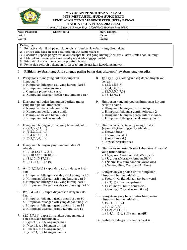 Soal MTK Pts SMT 2 | PDF