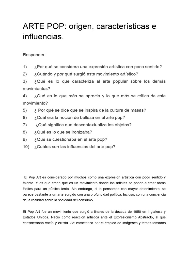 Características del Arte Pop y su Origen | PDF | Las artes | Educación ...