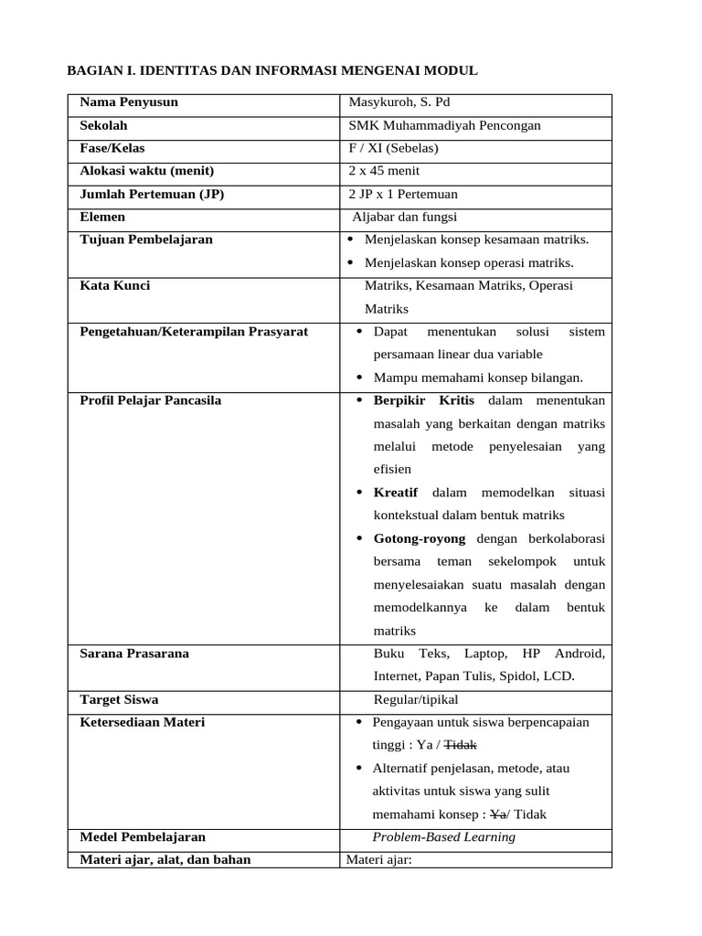 Modul Ajar Matriks untuk Kelas XI | PDF | Karier & Perkembangan