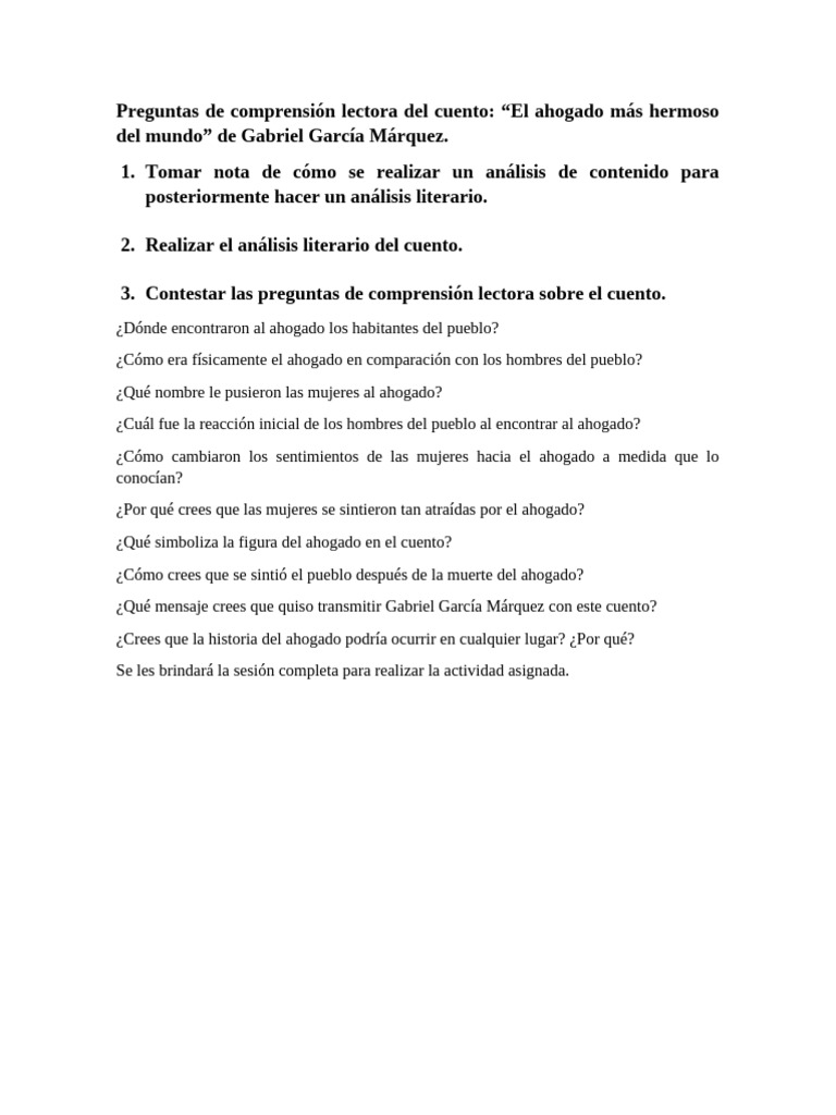 Preguntas de Comprensión Lectora Del Cuento | PDF | Ficción general