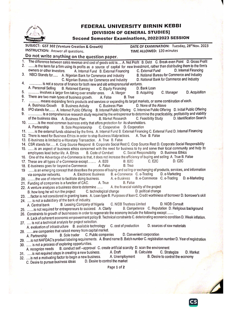 GST 302 Past Question Papers | PDF