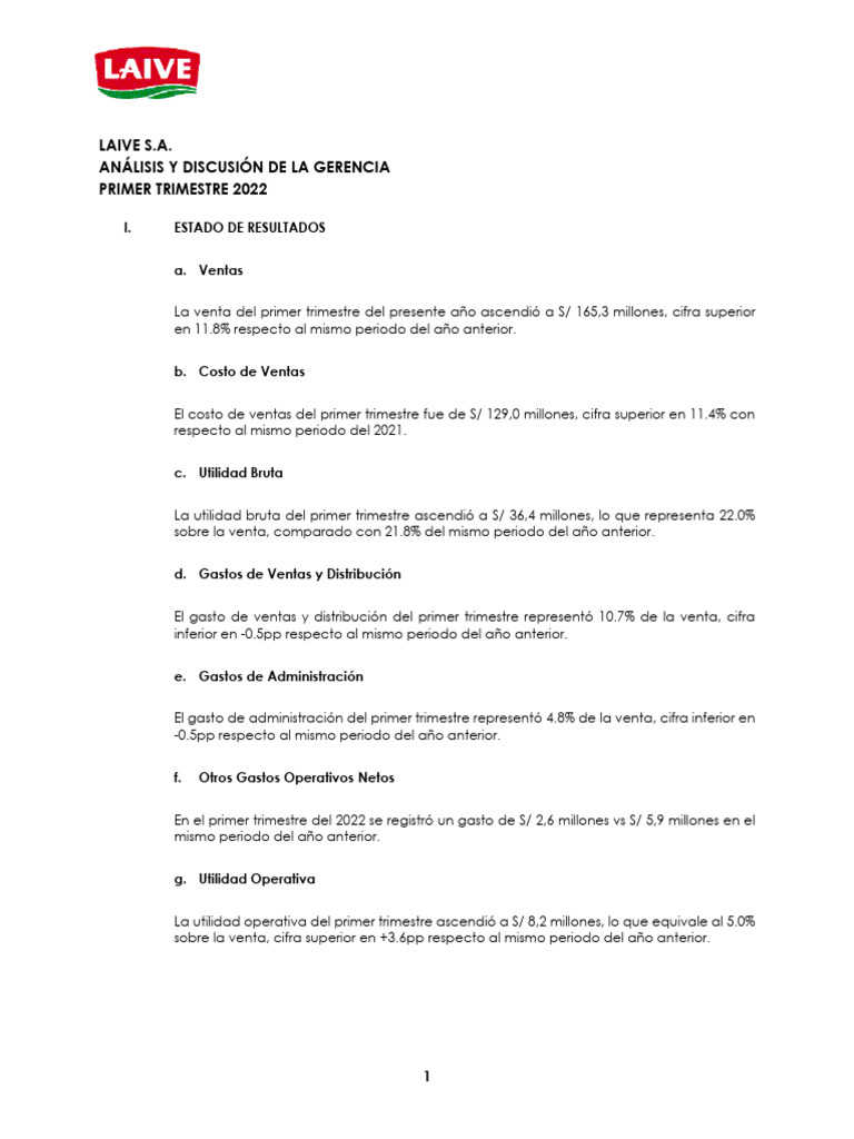 Análisis Financiero Laive S.A. 1T 2022 | PDF | Hoja de balance | Business