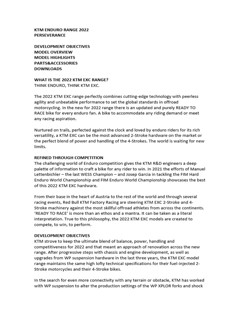 KTM Press Kit - MY22 KTM EXC Plain Text | PDF | Vehicle Technology