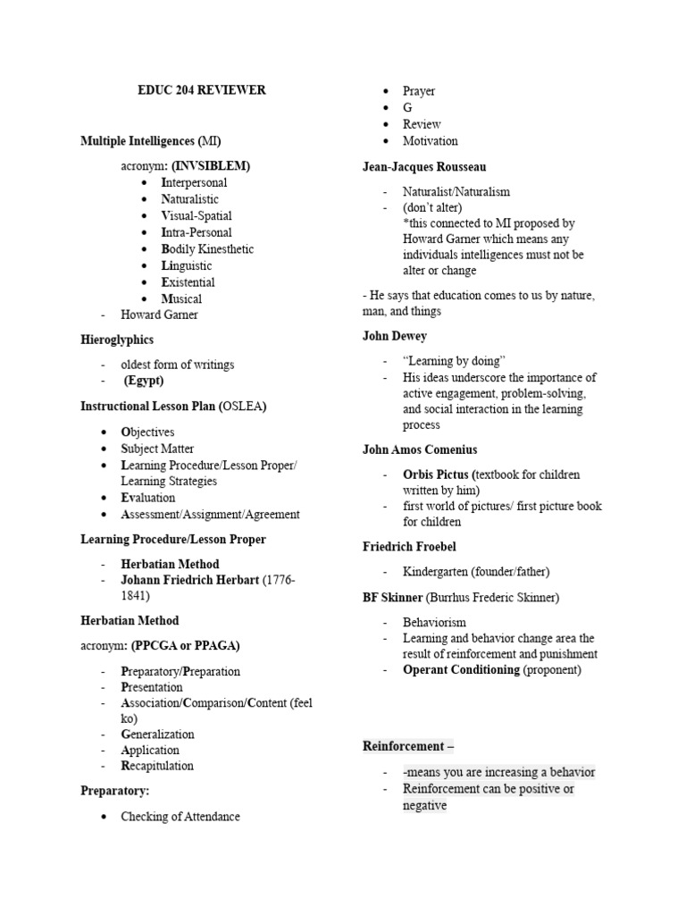 Educ 204 Reviewer Midterm | PDF | Learning | Reinforcement