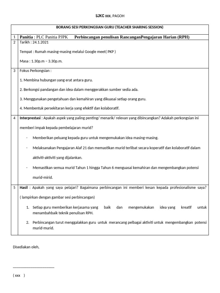 Laporan-Plc-1-Teacher-Sharing-Session PJK | PDF