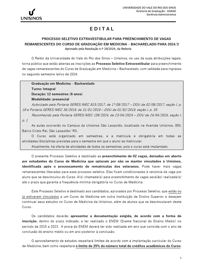 Resol 29-24 Edital Extravestibular Medicina 2024-2 | PDF | Remédio | Universidade