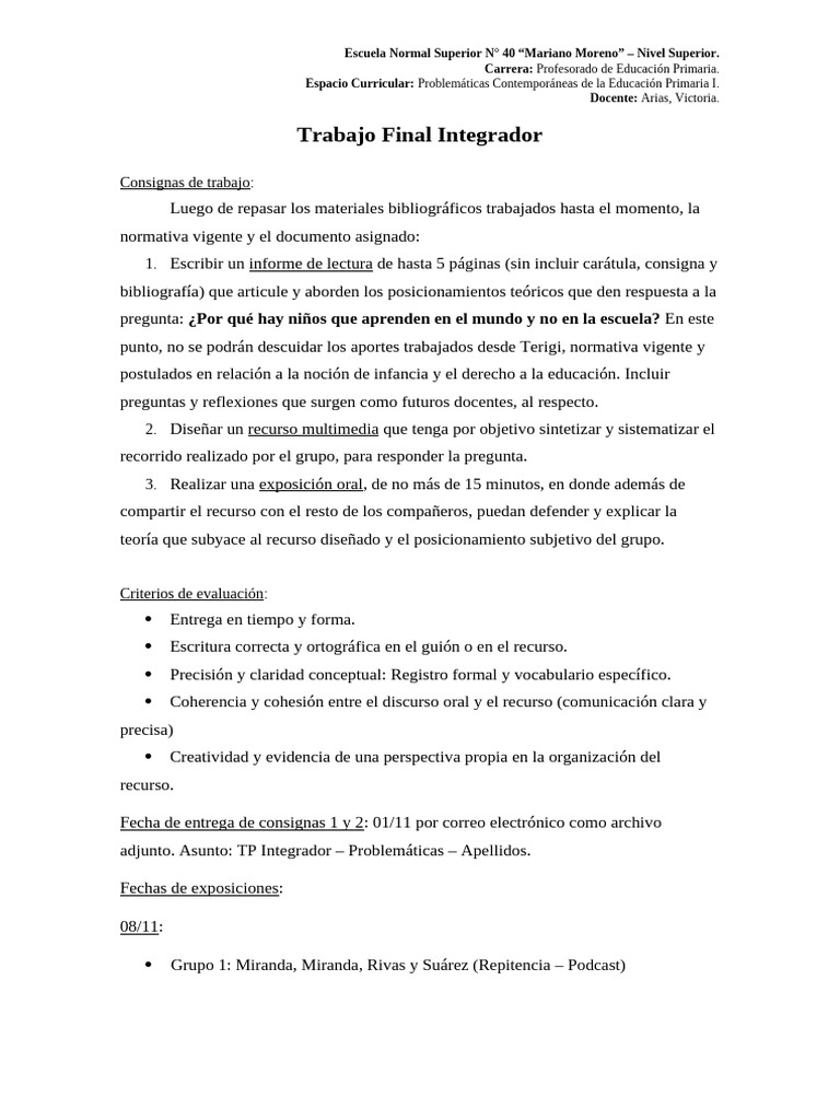Trabajo Final Integrador Consigna | PDF | Educación primaria