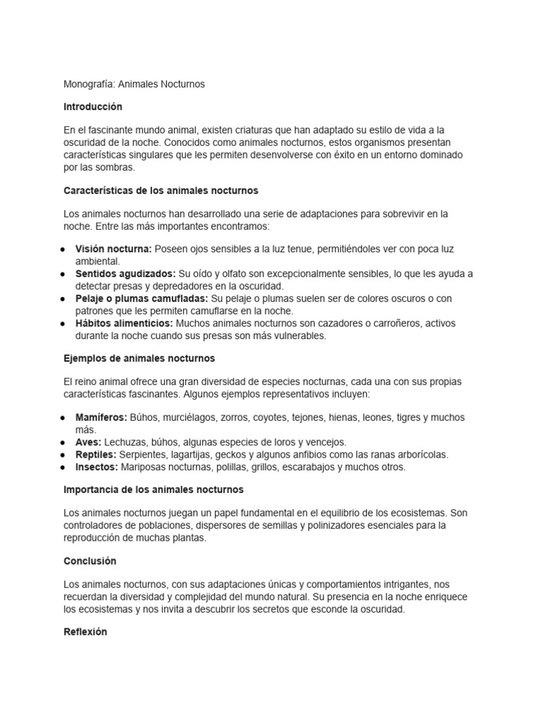 Monografía de Los Animales Nocturnos, de Tres Cua... | PDF | Ciencia y ...