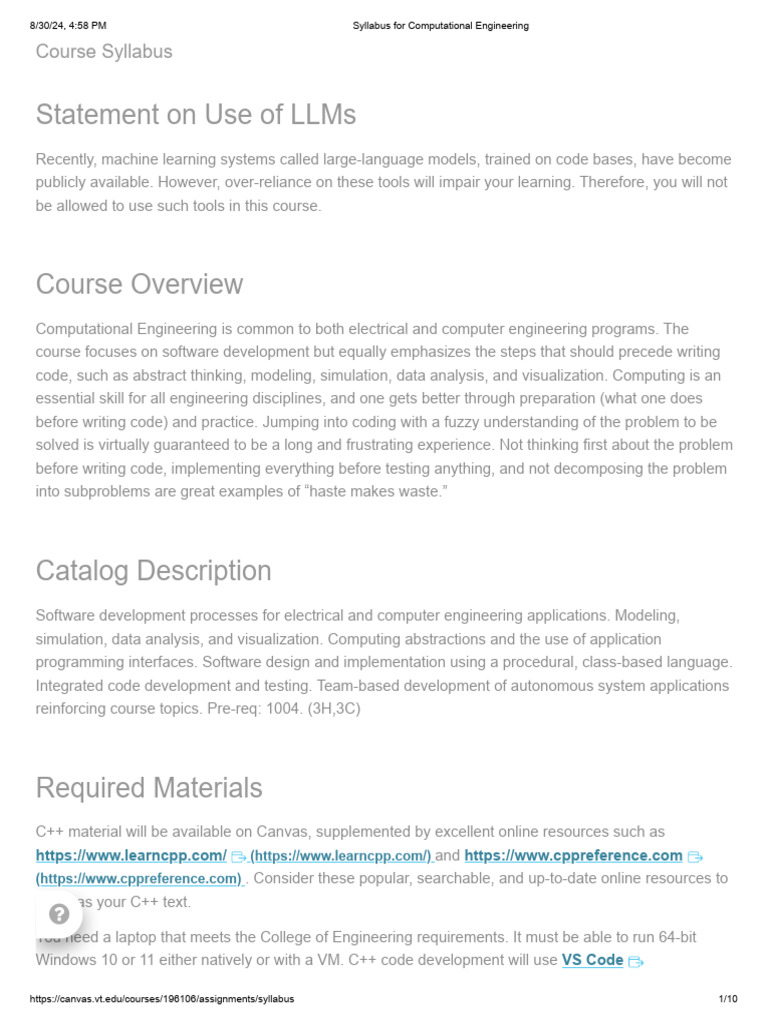 Syllabus For Computational Engineering | PDF | Academic Dishonesty | Plagiarism