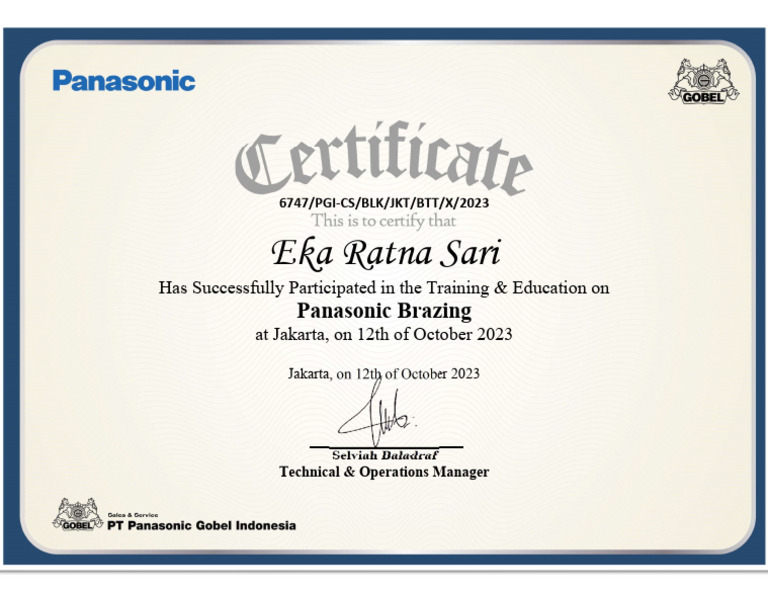 Panasonic Brazing Training Certificate | PDF | Computers